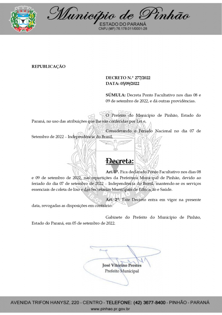 Ponto Facultativo - Prefeitura de Pinhão - PR